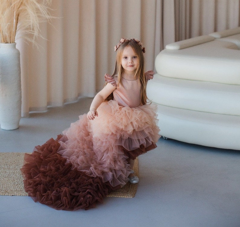Brown Flower Girl Dress Birthday Girl Dress With Train Ombre - Etsy