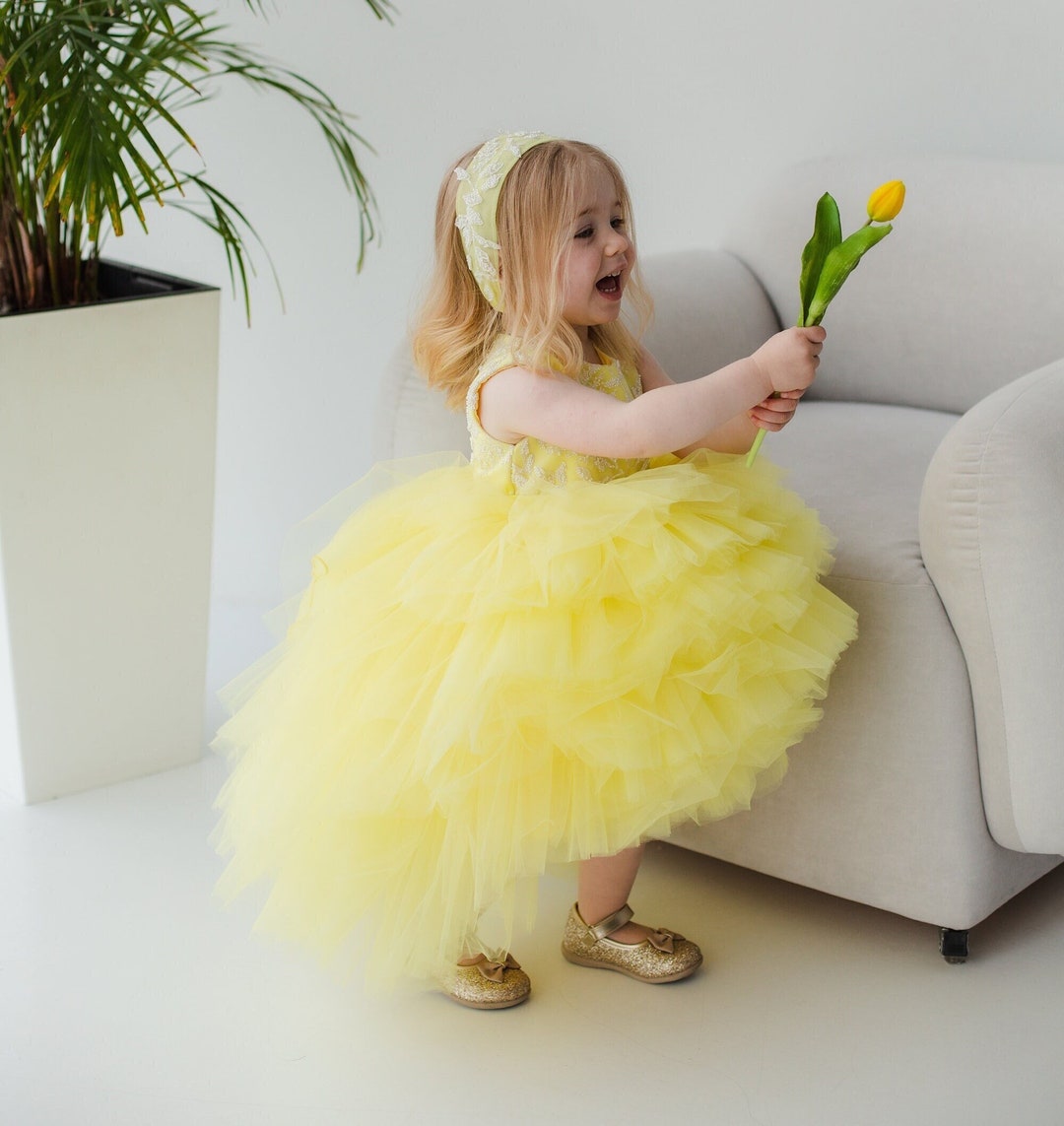Yellow Birthday Girl Dress, Puffy Flower Girl Dress, Special Occasion ...