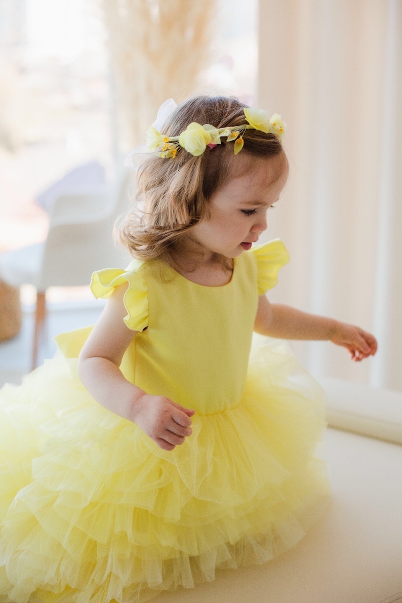 Yellow Birthday Girl Dress, Flower Girl Dress With Sweep Train, Tutu ...