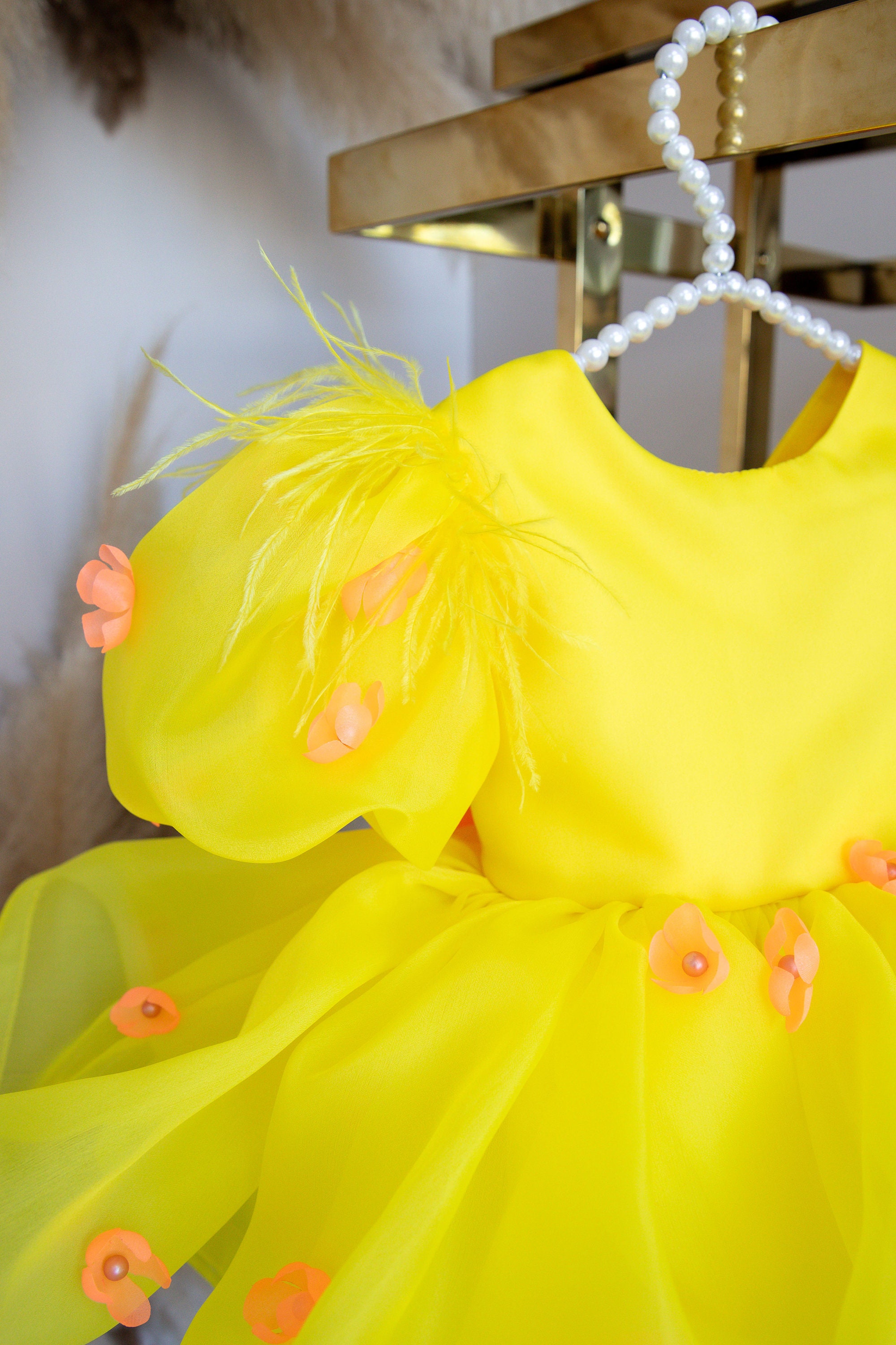 Yellow Puffy Baby Dress, First Birthday Dress, Feathers, Flower Girl ...