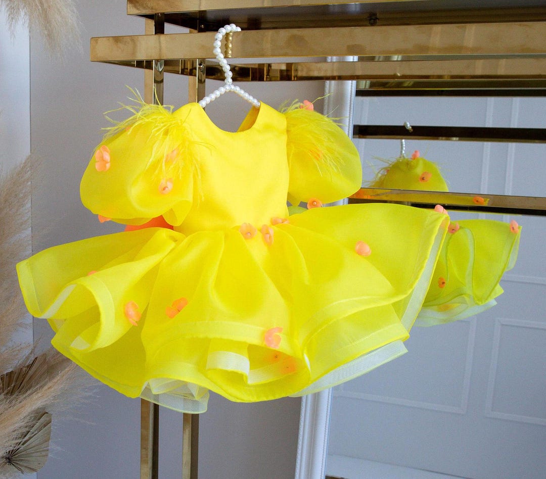 Yellow Puffy Baby Dress, First Birthday Dress, Feathers, Flower Girl ...