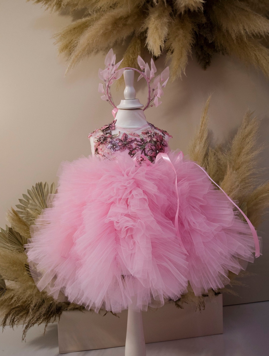 Pink Tutu Birthday Girl Dress, Floral Lace Toddler Dress, Puffy Ruffles ...
