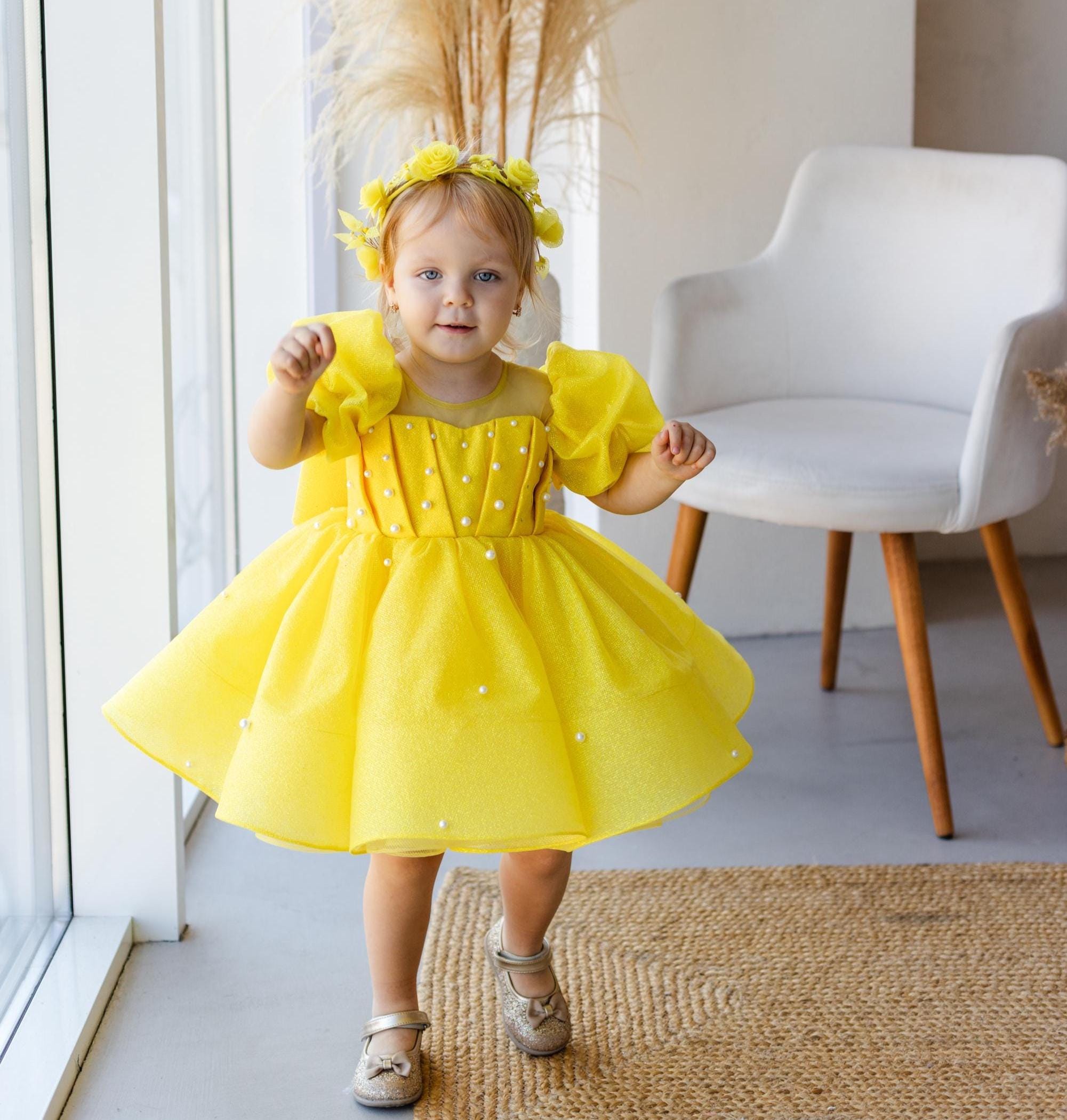 Yellow Knee Tutu Birthday Baby Dress, Festival Outfit, Sparkling Party ...