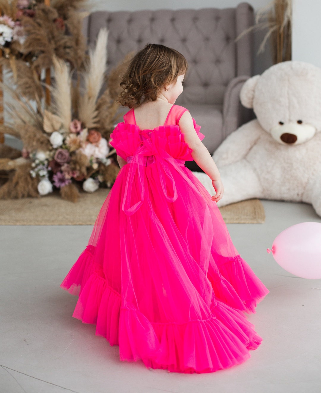 Hot Pink Birthday Girl Dress, Flower Girl Dress With Train, Tulle Prom ...