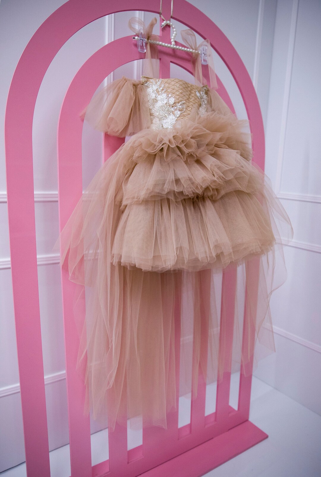 Floral Beige Flower Girl Dress With Train, Tutu Birthday Girl Dress ...