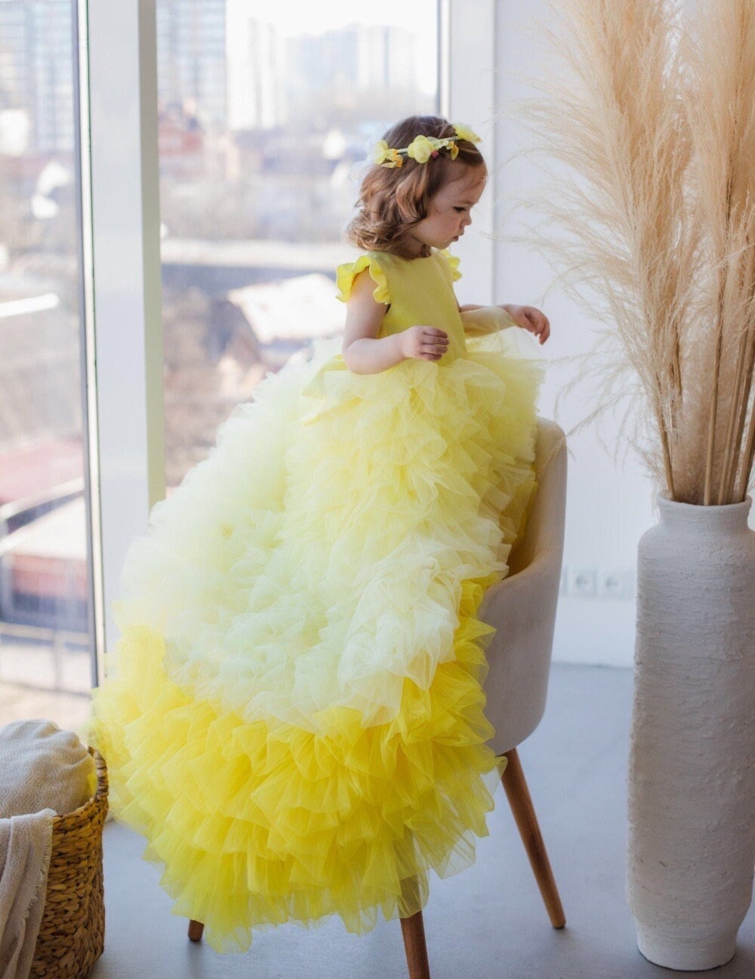 Yellow Birthday Girl Dress, Flower Girl Dress With Sweep Train, Tutu ...