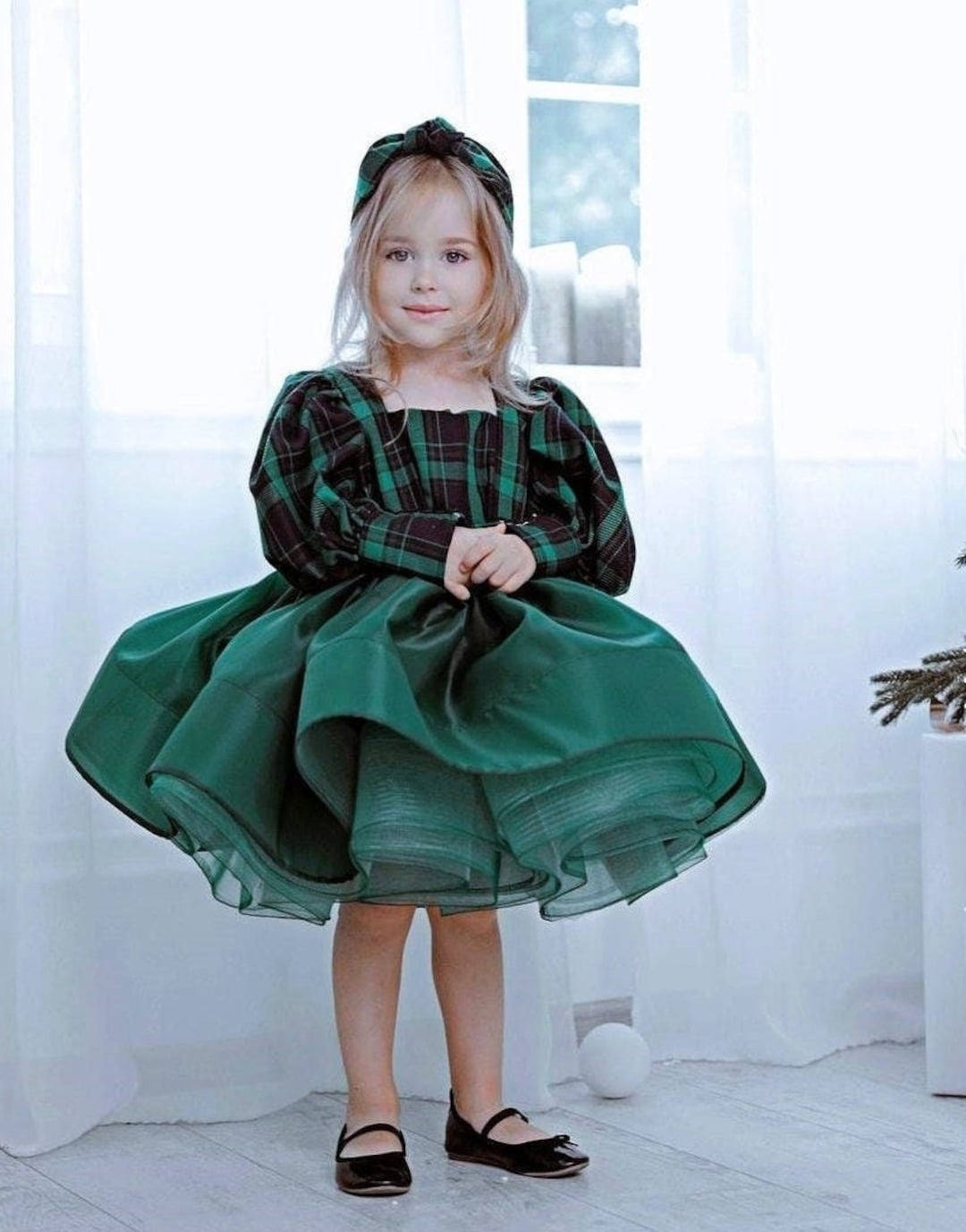 Christmas Girl Dress, Green Plaid Festival Gown, Tartan Photoshoot ...
