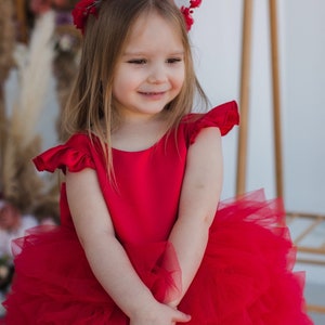 Red Prom Ball Flower Girl Gown, Birthday Party Puffy Ruffled Dress With ...