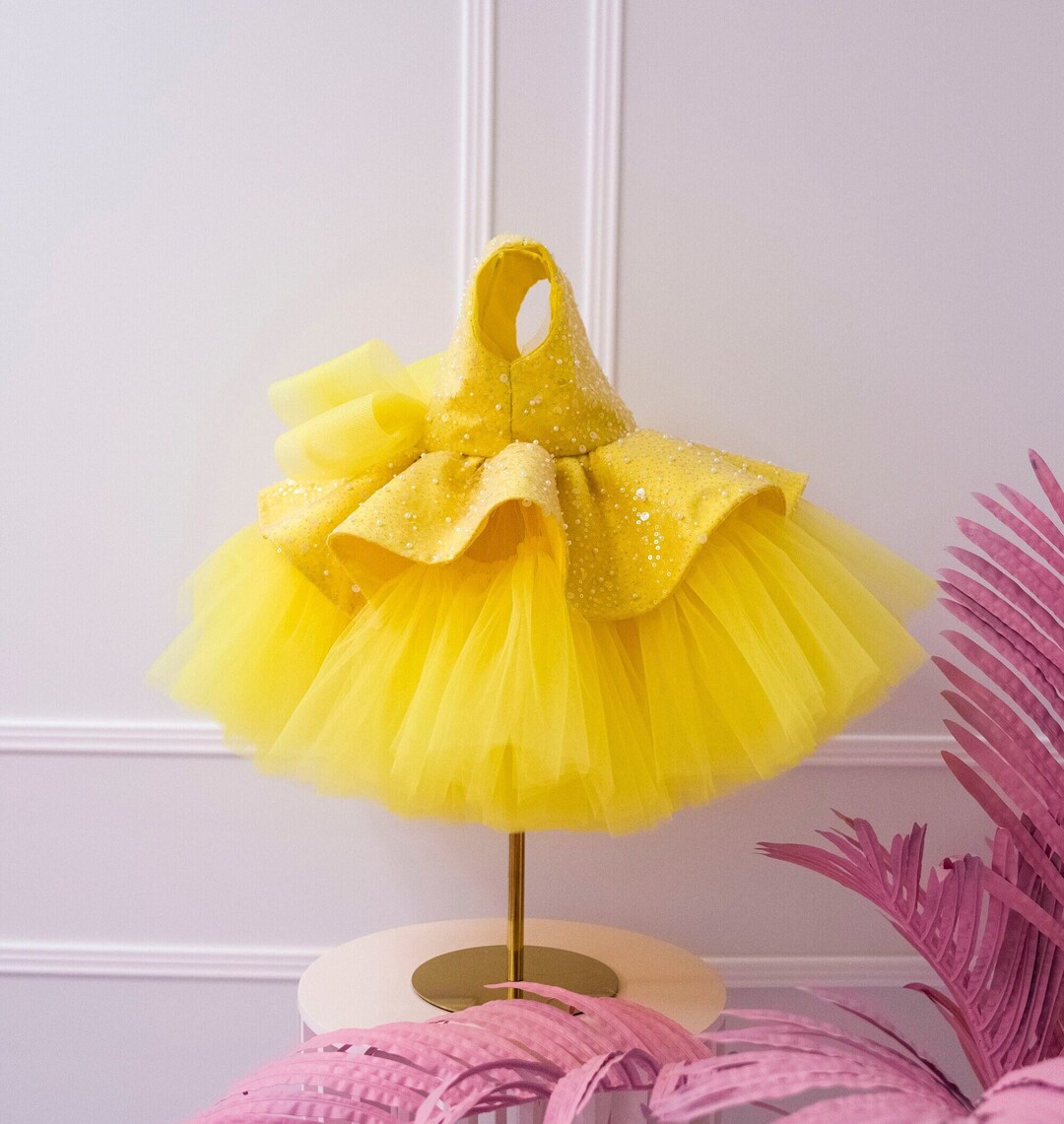 Yellow Birthday Party Baby Dress, Flower Girl Dress, Sparkling Toddler ...