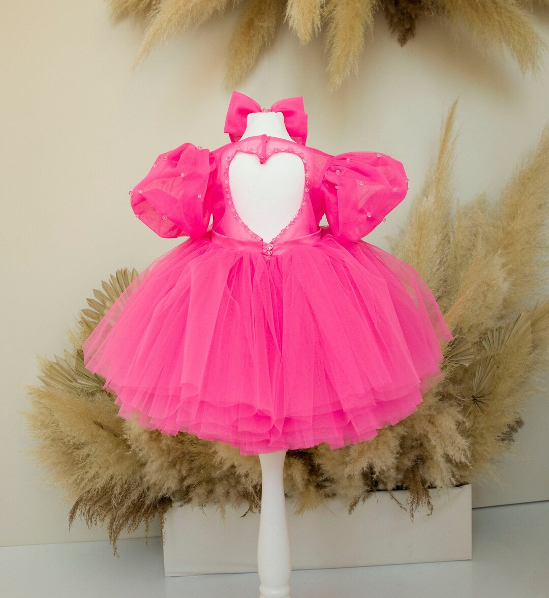 Heart Backless Dress, Hot Pink Birthday Girl Dress, Tutu Flower Girl ...
