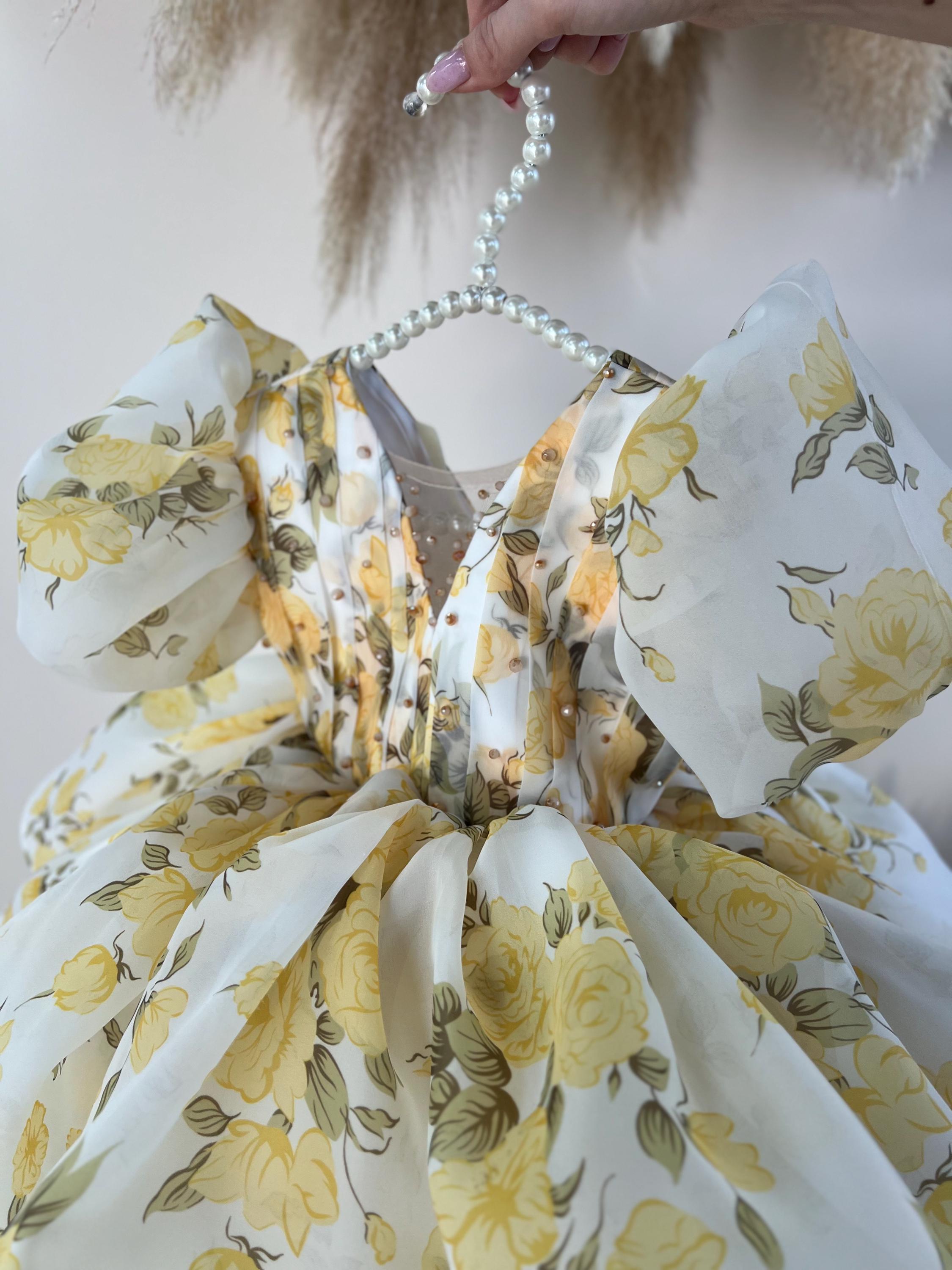 Yellow Puffy Baby Dress, First Birthday Dress, Feathers, Flower Girl ...