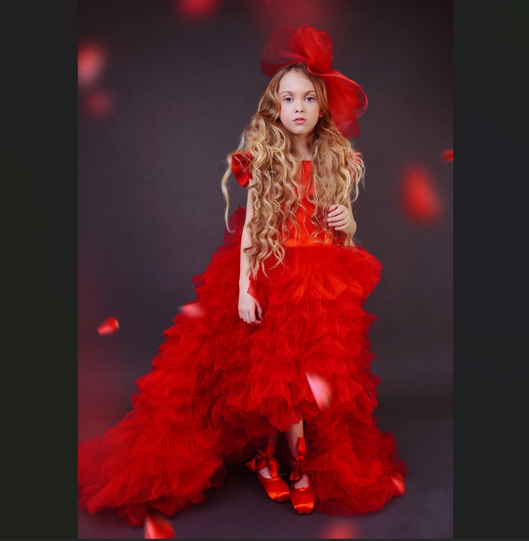 Red Flower Girl Dress Tulle Dress With Train Birthday Girl Dress Red ...