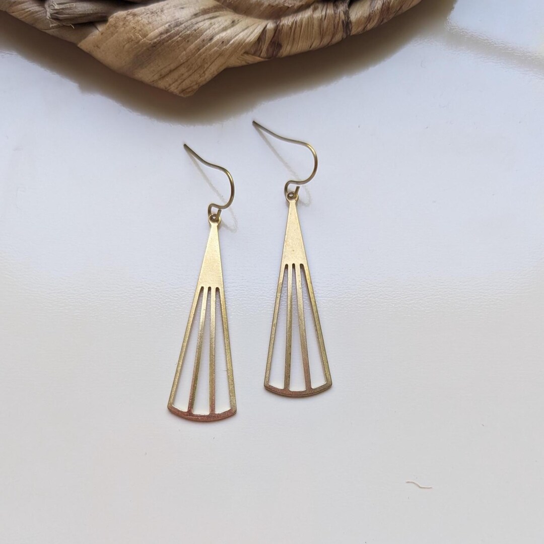 Brass Triangle Fan Earrings, Brass Earrings, Geometric, Long Earrings ...