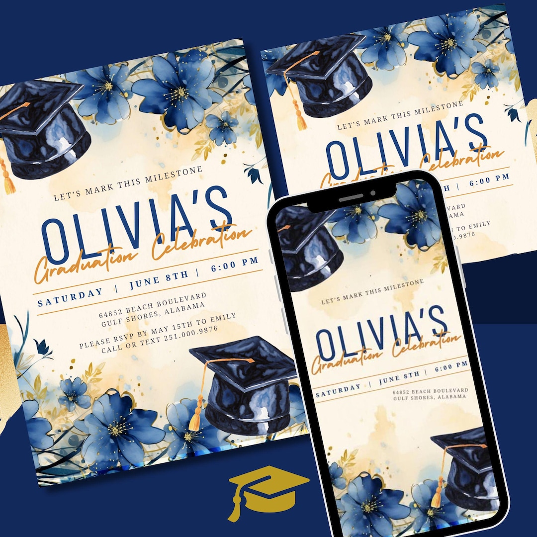 Blue & Gold Graduation Invitation: Printable Evite Template (DIY Canva ...