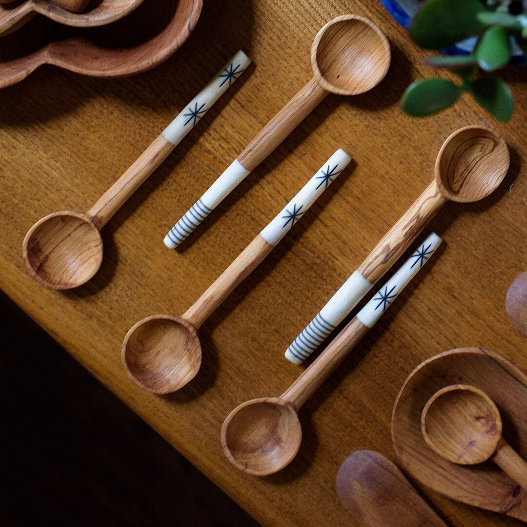 Olive Wood Sugar Spoon With White Batik Handle - Etsy