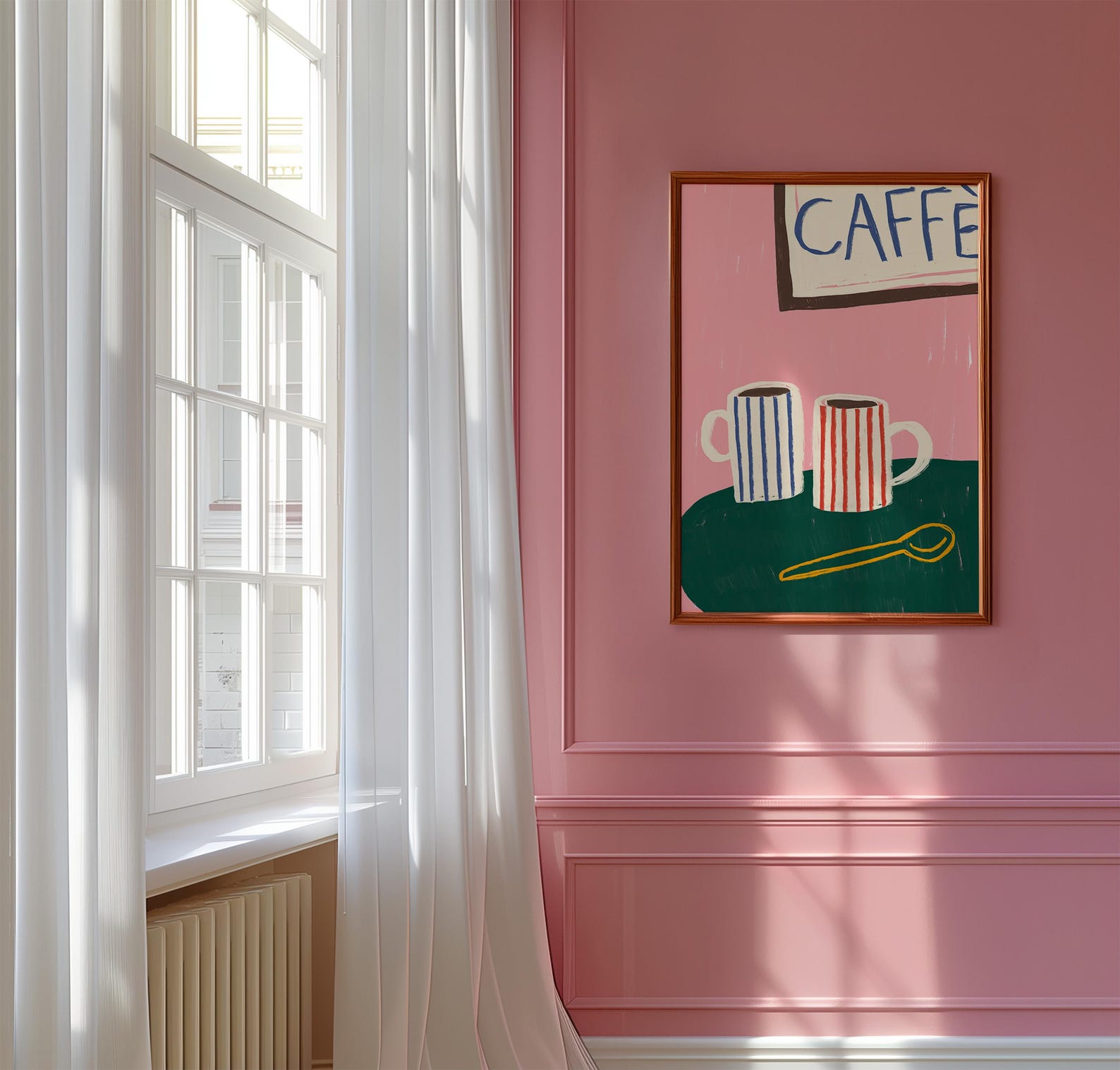 Caffé Stripe Mugs Print, Coffee Poster, Kitchen Wall Art, Kitchen Decor ...