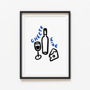 Cheese and Wine Print, Ink Bleed Style, Cheese Print, Wine Print, Wine ...