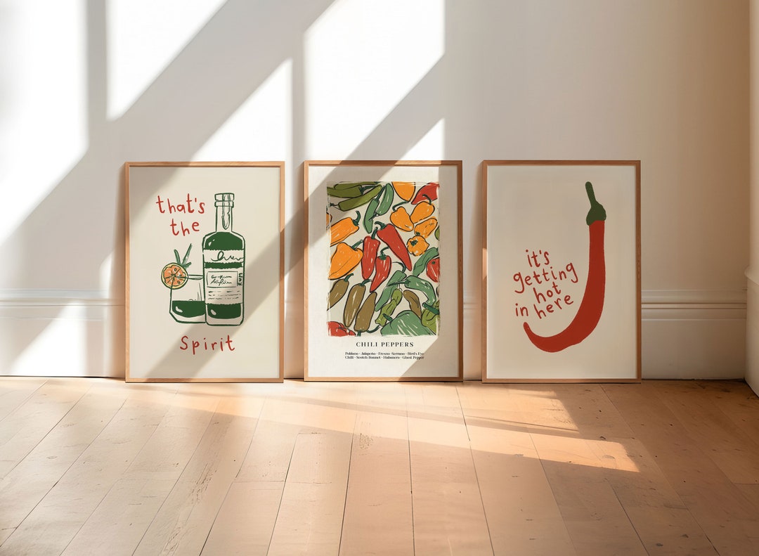 Set of 3 Chili Pepper Prints, Chili Print, Retro Wall Art, Kitchen Wall ...
