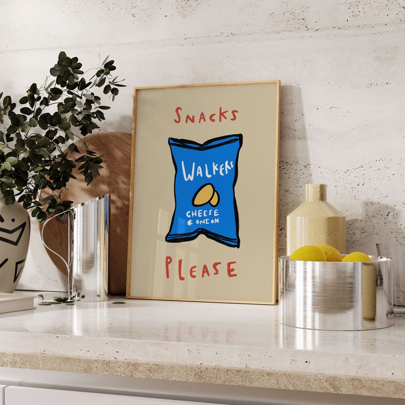 Snacks Please Print, Ink Bleed Style, Crisps Poster, Snacks Poster ...