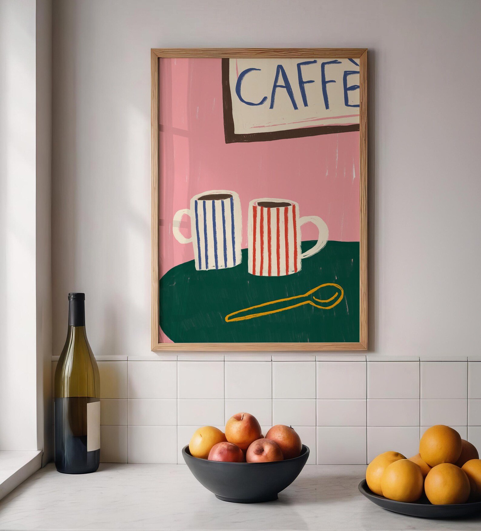 Caffé Stripe Mugs Print, Coffee Poster, Kitchen Wall Art, Kitchen Decor ...
