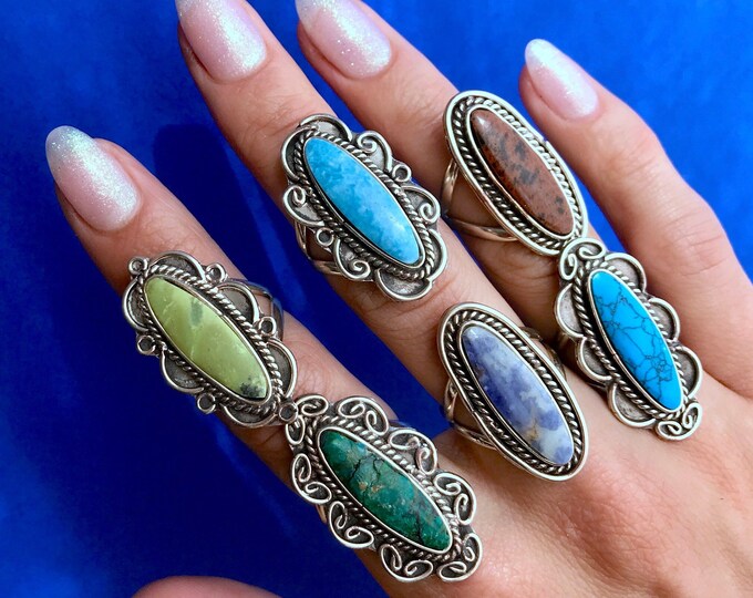ARTISANAL LONG RING ~ Adjustable Ring With Blue Green Stone ~ Handmade ...