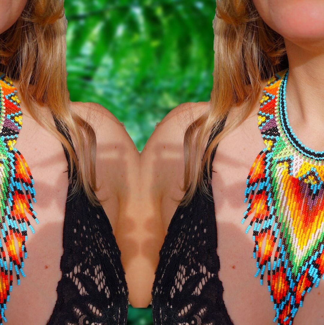 SEED BEAD NECKLACE Waterfall ~ Embera Necklace Native ~ Statement Necklace Chaquiras ~ Deep V ...