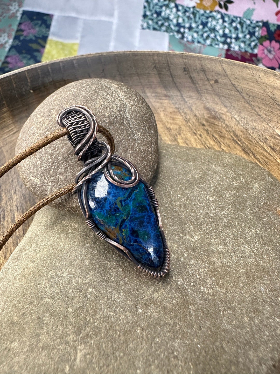 Azurite Necklace, Antiqued Copper and Azurite Pendant, Hand-wrapped ...