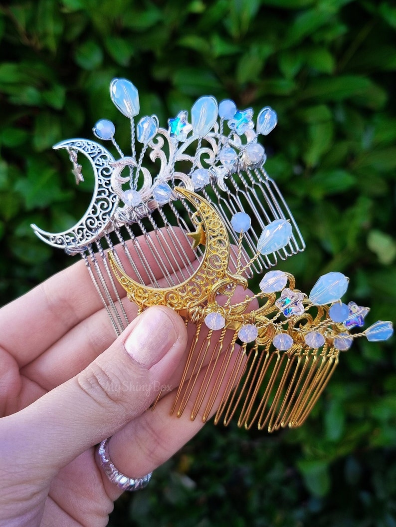 Crescent Moon Crystal Hair Comb, Fairy Wedding Hair Accessory, Elven ...