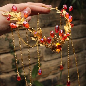 Fiery Red Crystal Tiara - Flame-inspired Gold Crown, Fantasy Cosplay Headpiece, Renaissance ...