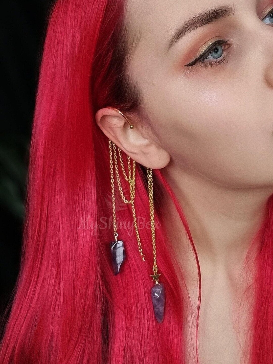 Amethyst Quartz Ear Cuff, No Piercing Dangle Earring, Gothic Earring ...