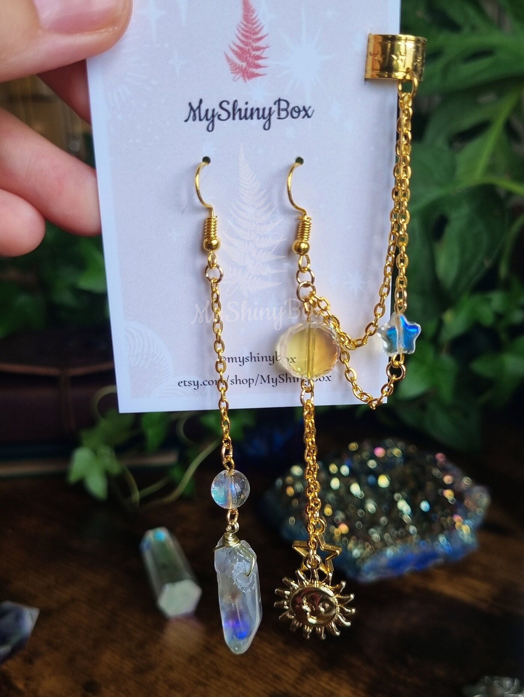 Celestial Aura Quartz Earrings With Cuff, Whimsical Gemstone Earrings ...