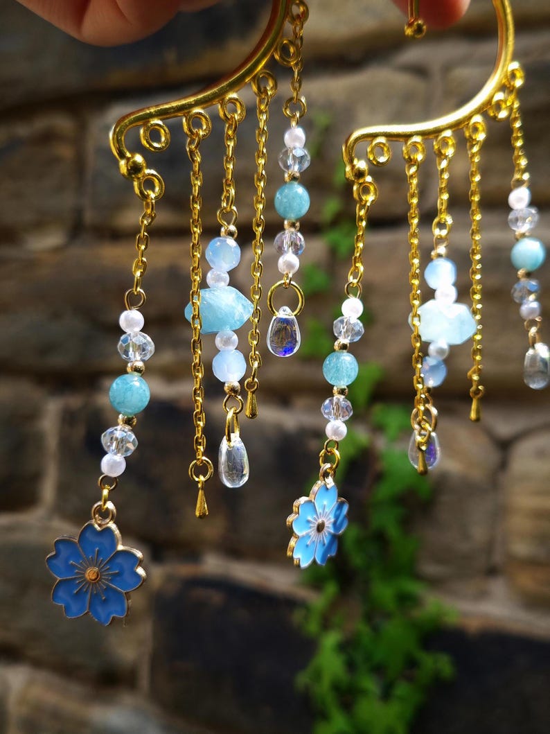 Aquamarine Flower Ear Cuff, No Piercing Dangle Earring, Blue Floral ...