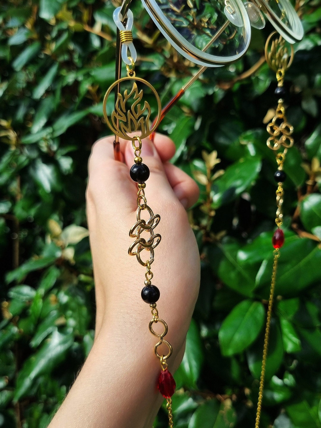 Fire Charm Glasses Chain - Gothic Sunglasses Chain - Chainmail Eyewear ...