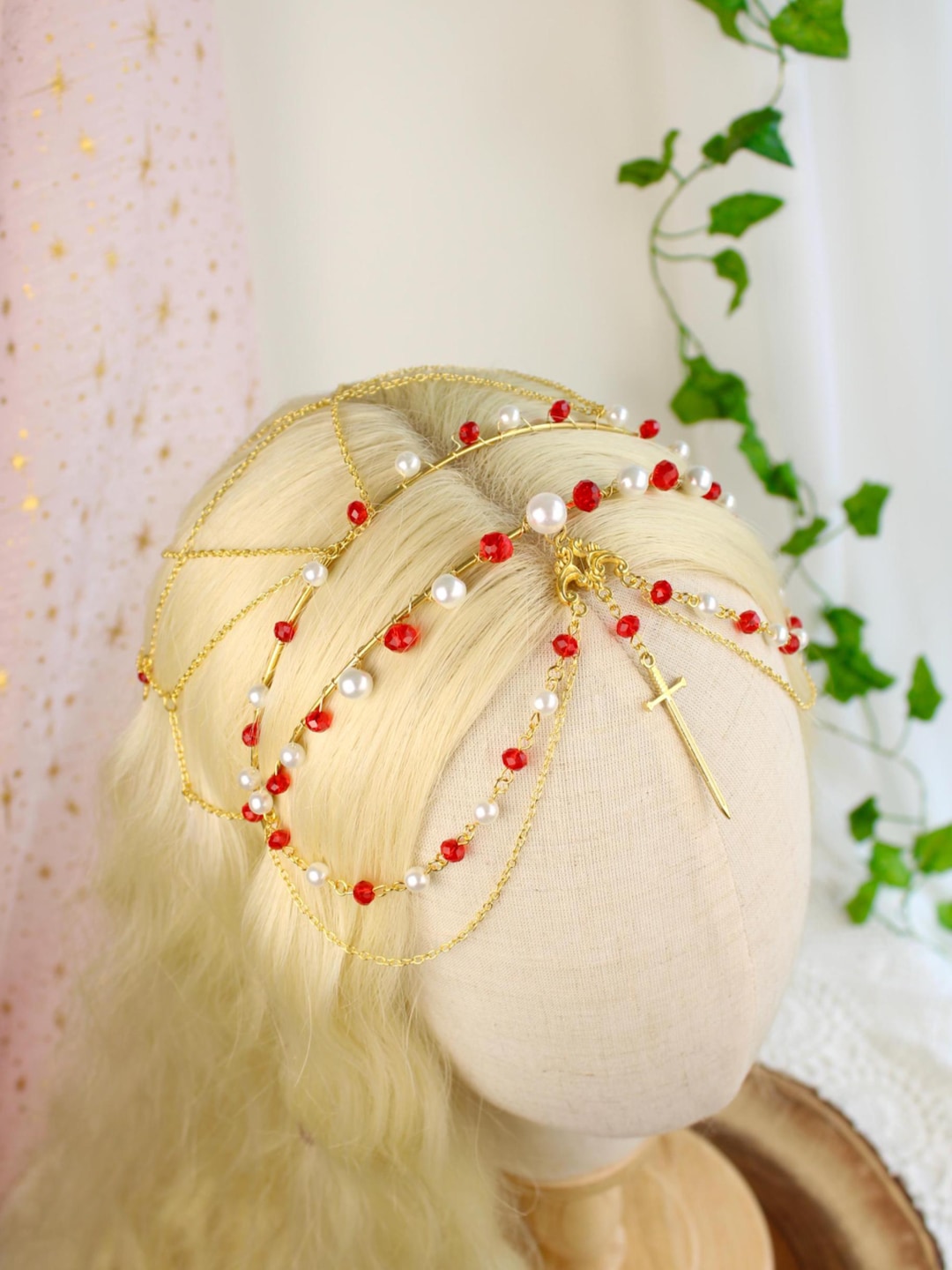 Gold Chainmail Headpiece With Sword Charm, Medieval Hair Net Crown ...