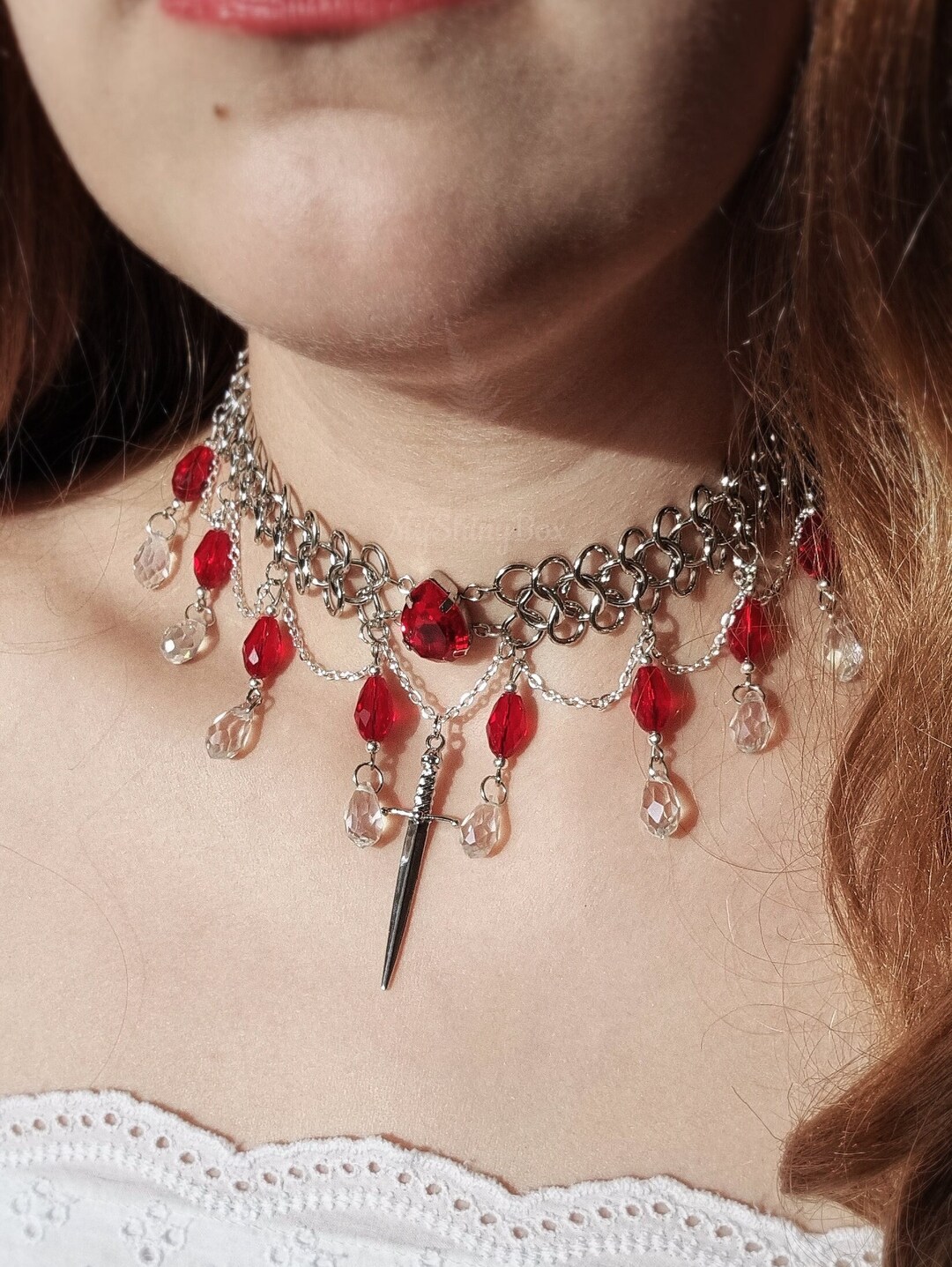 Red Rhinestone Chainmail Choker, Gothic Chainmail Necklace, Artisan ...