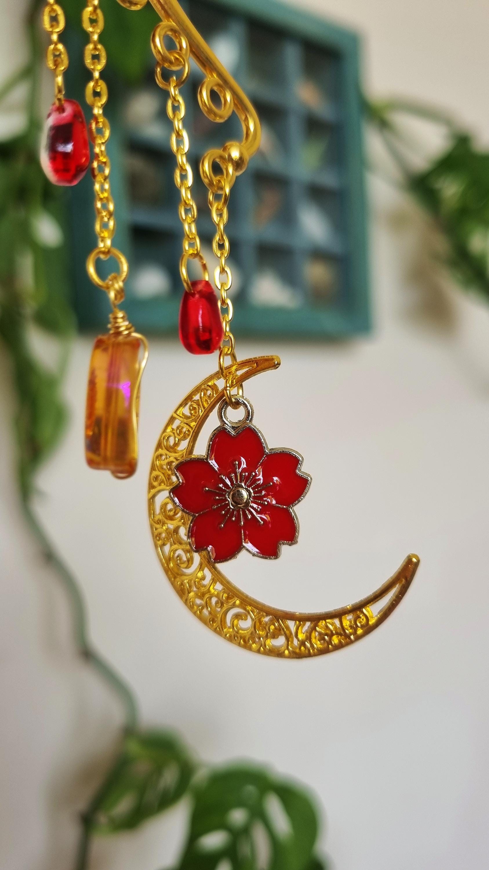 Red Crescent Moon Ear Cuff, Fantasy Celestial Ear Wrap No Piercing ...