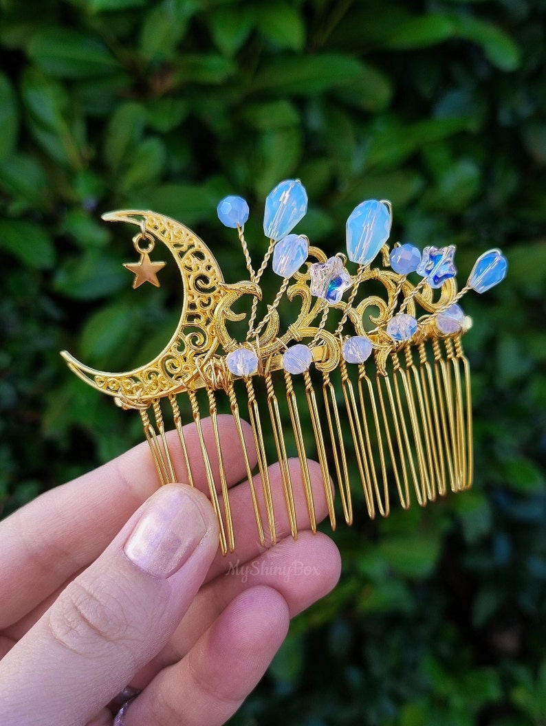 Crescent Moon Crystal Hair Comb, Fairy Wedding Hair Accessory, Elven ...