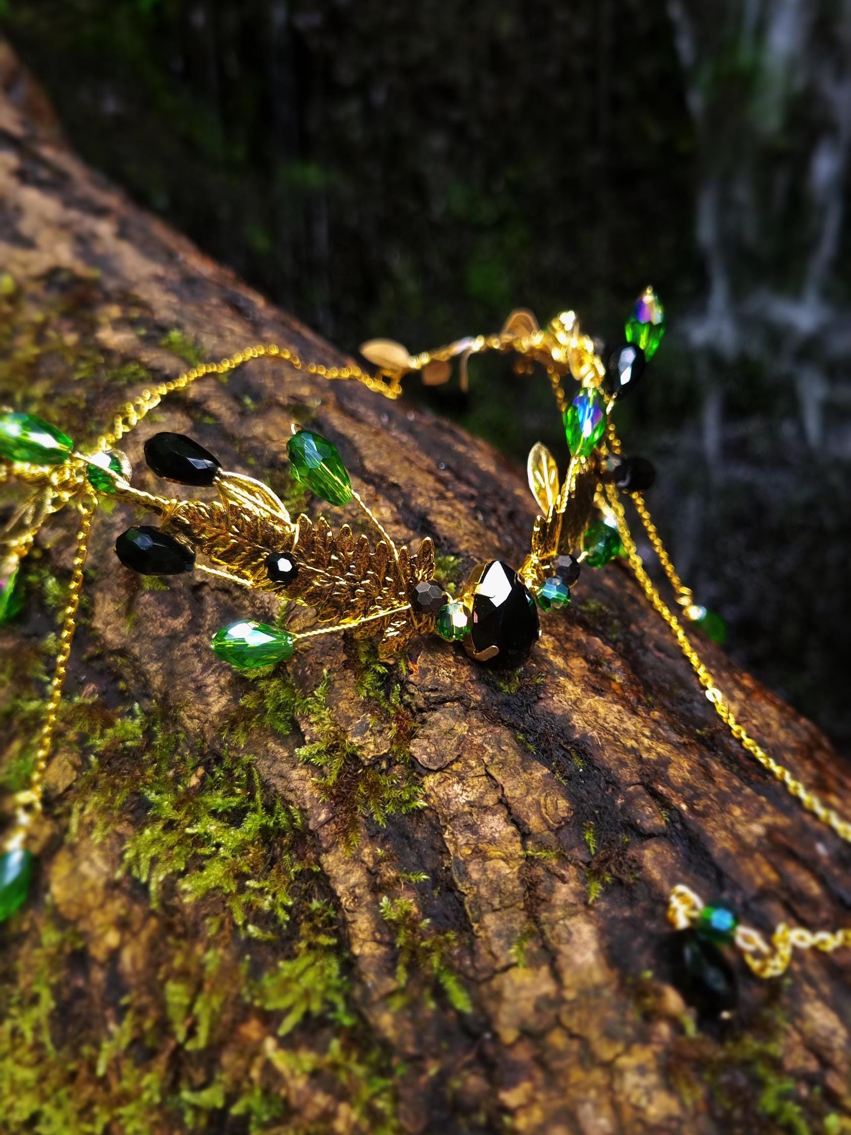Black Fern Fairy Tiara With Crystals and Chains, Dark Elf Headpiece ...