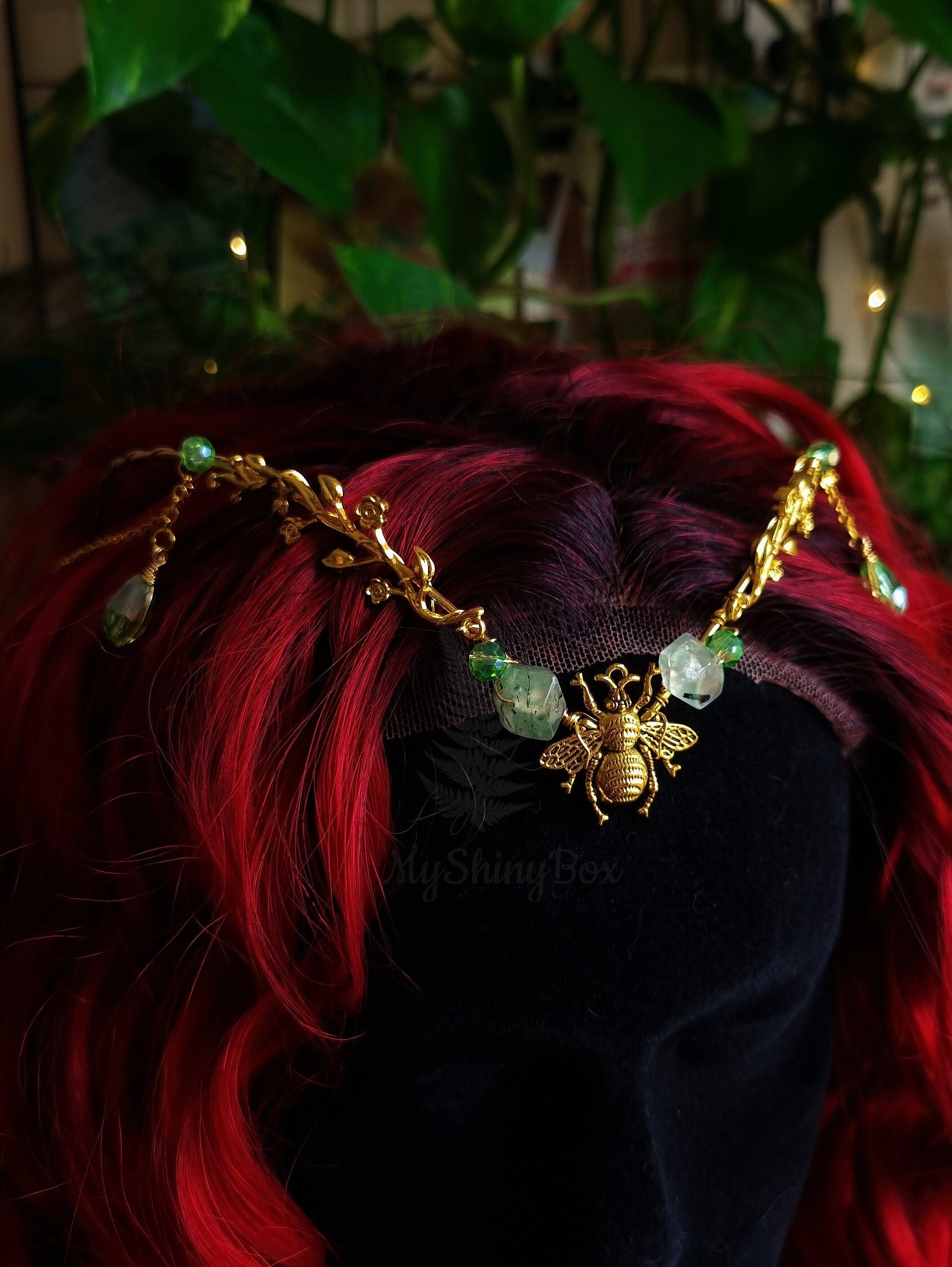 Bee Green Prehnite Fairy Tiara, Elven Crown With Chains, Gold Elf ...