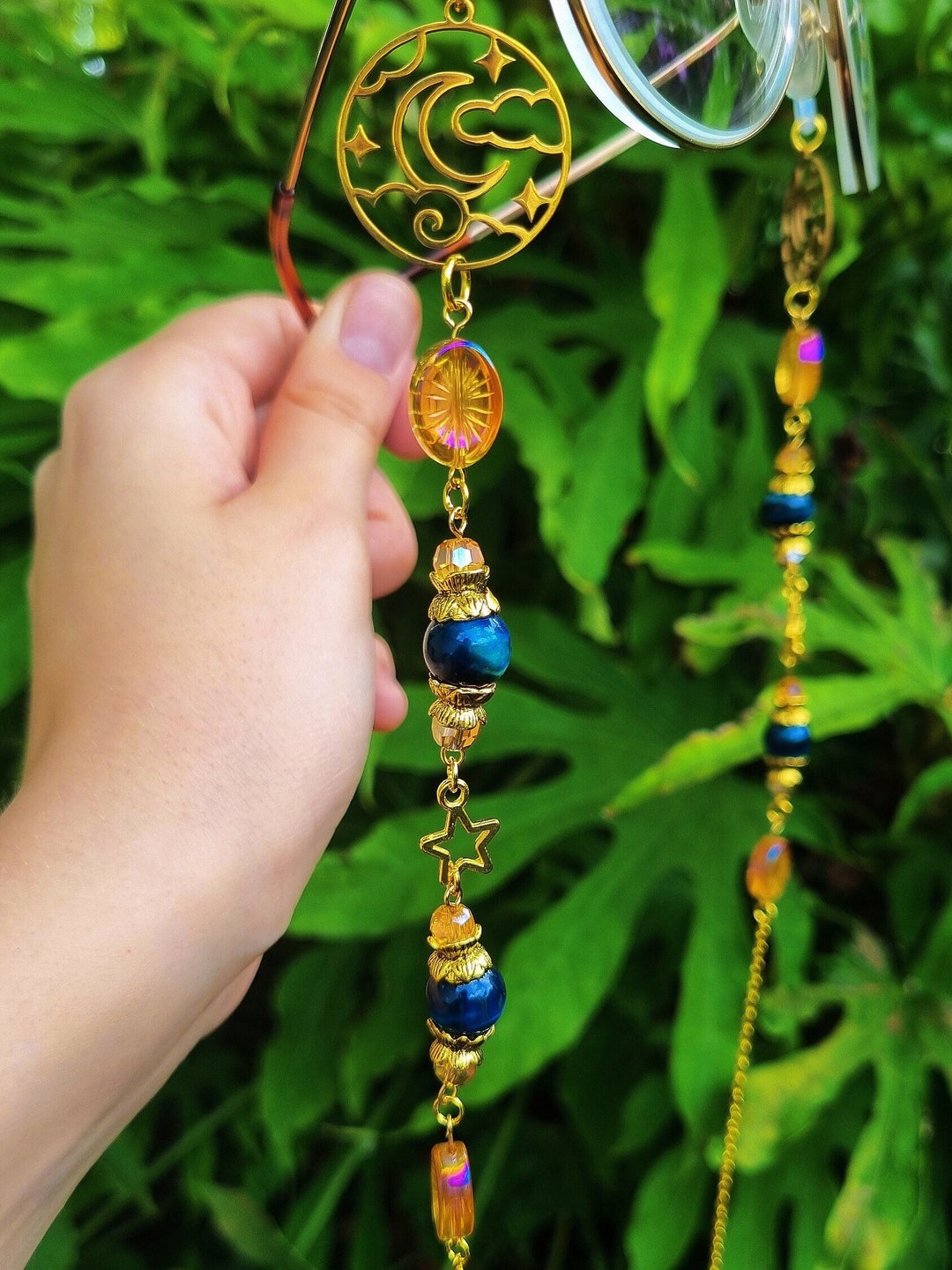 Blue and Gold Gemstone Glasses Chain, Handcrafted Glasses Chain ...