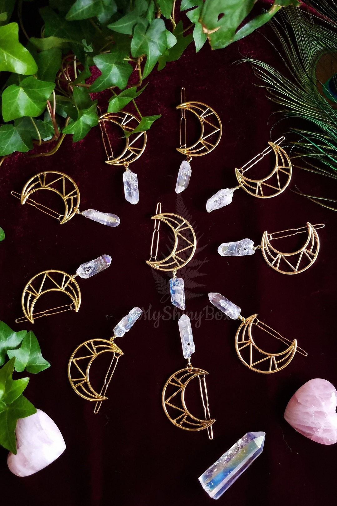 Crescent Moon Dangle Hair Clip, Quartz Dangle Hair Clip, Celestial Hair ...