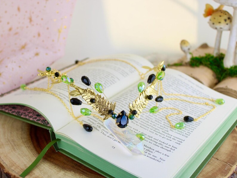 Black Fern Fairy Tiara With Crystals and Chains, Dark Elf Headpiece ...