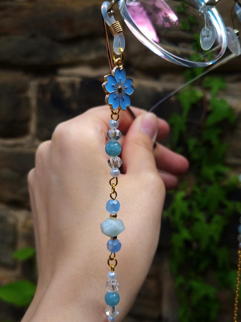 Forget Me Not Glasses Chain With Aquamarine Beads, Blue Flower Eyeglass ...