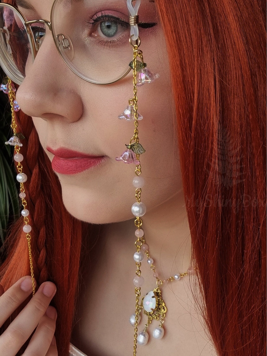 Pink Flower Rose Quartz Eyeglass Chain, Fantasy Cottagecore Glasses ...