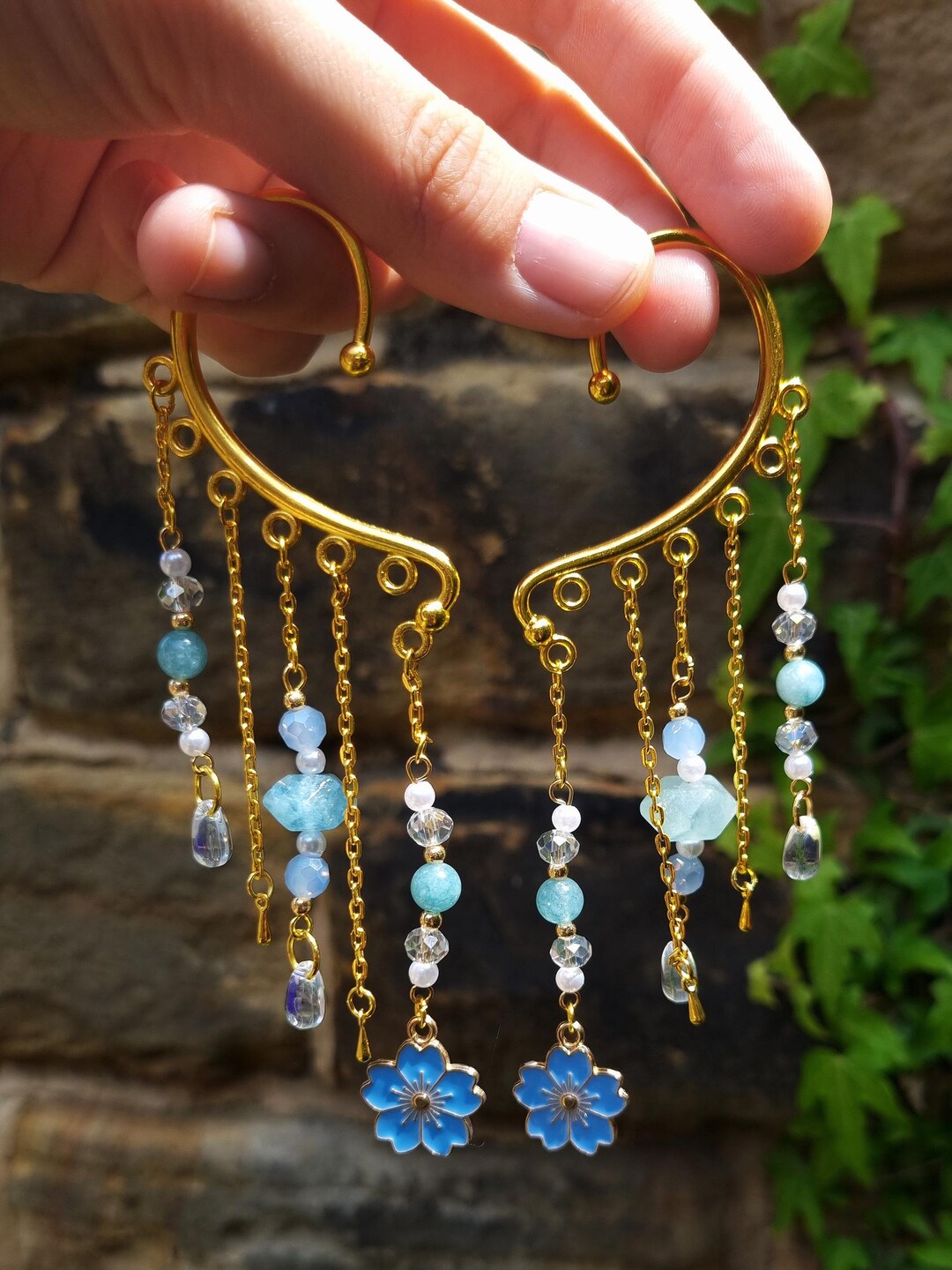 Aquamarine Flower Ear Cuff, No Piercing Dangle Earring, Blue Floral ...