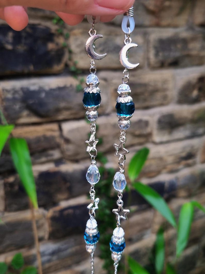 Celestial Moon & Star Teal Gemstone Glasses Chain - Silver and Green ...