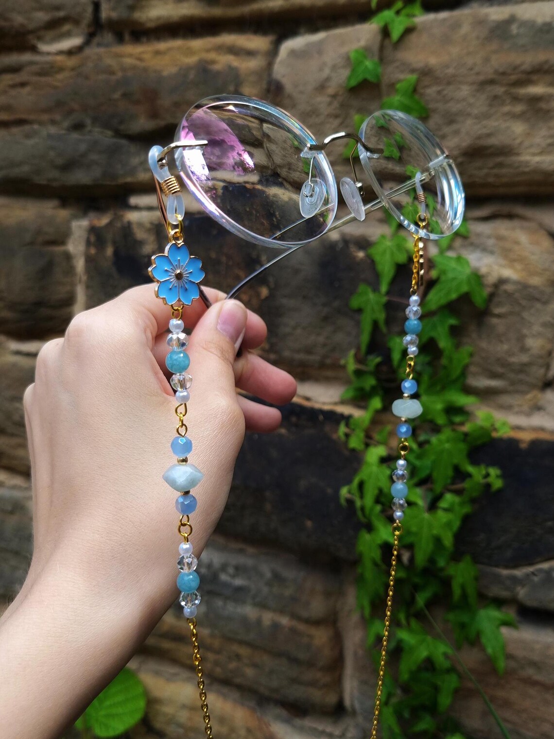 Forget Me Not Glasses Chain With Aquamarine Beads, Blue Flower Eyeglass ...