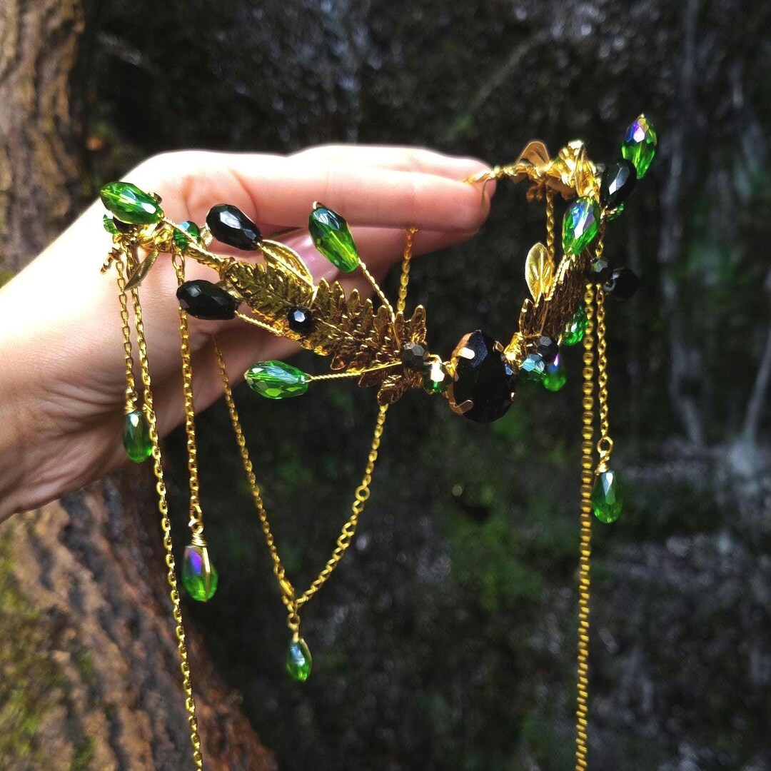 Black Fern Fairy Tiara With Crystals and Chains, Dark Elf Headpiece ...