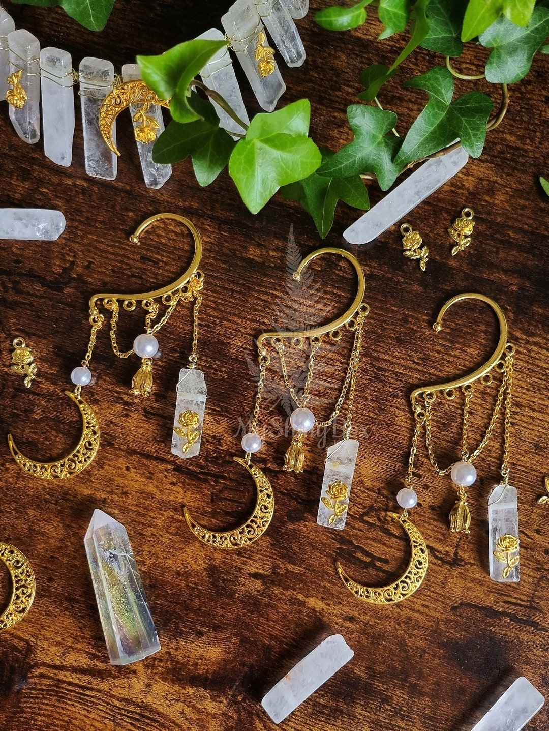 Clear Quartz Gold Moon Ear Cuff, No Piercing Earring, Dangle Ear Cuff ...