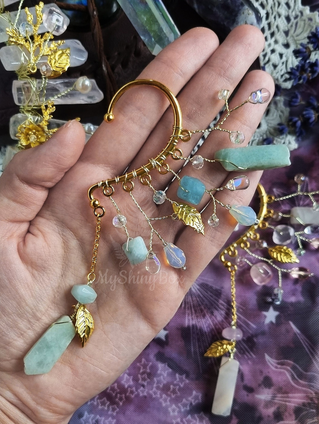 Statement Crystal Ear Cuff, No Piercing Dangle Ear Wrap, Fantasy Fairy Quartz Ear, Elf Gemstone ...